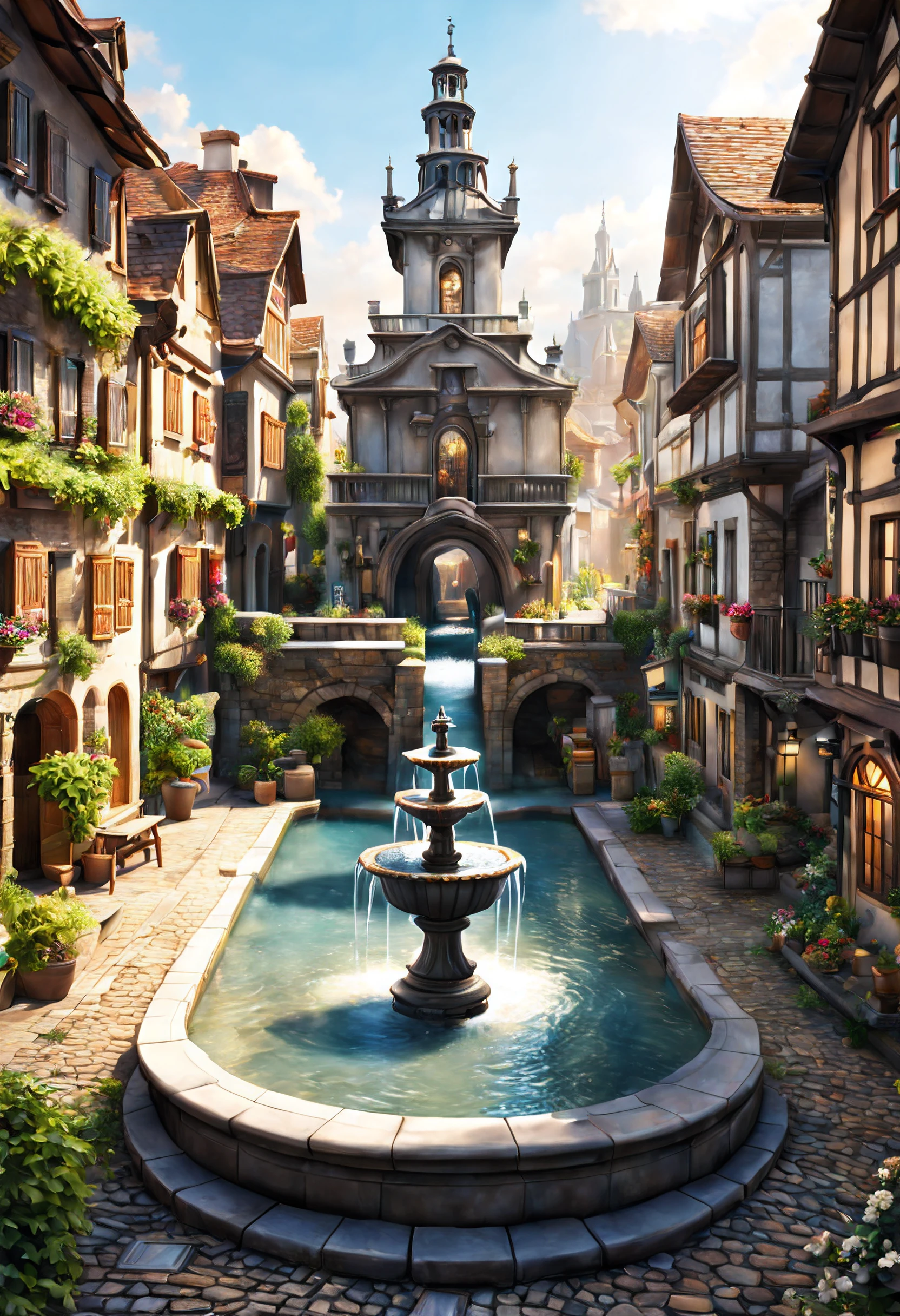 Arafed view of a fountain in a courtyard with a clock tower - SeaArt AI