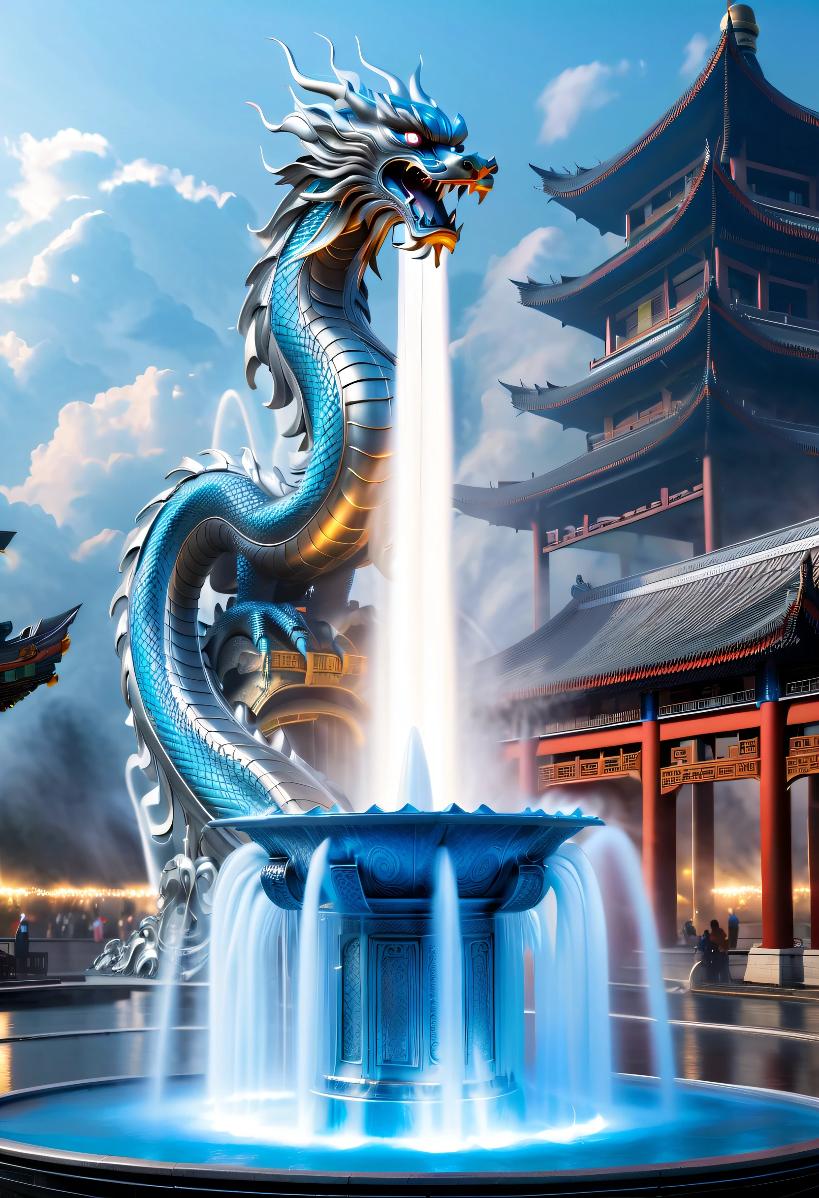 A close up of a fountain with a dragon statue in front of a building ...