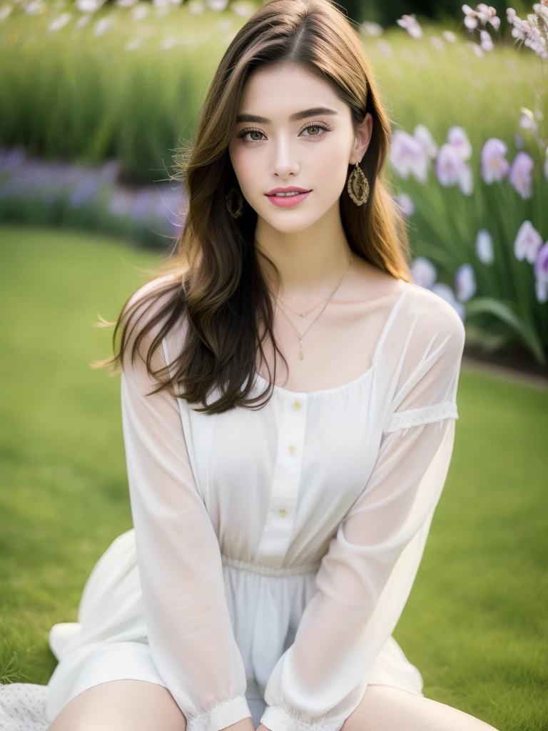 Fashion Model 25 Years Old Sitting On The Lawn In The English Garden