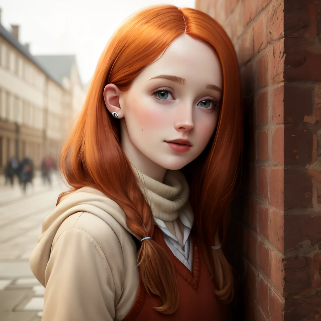 Redhead haired woman with red hair leaning against brick wall - SeaArt AI