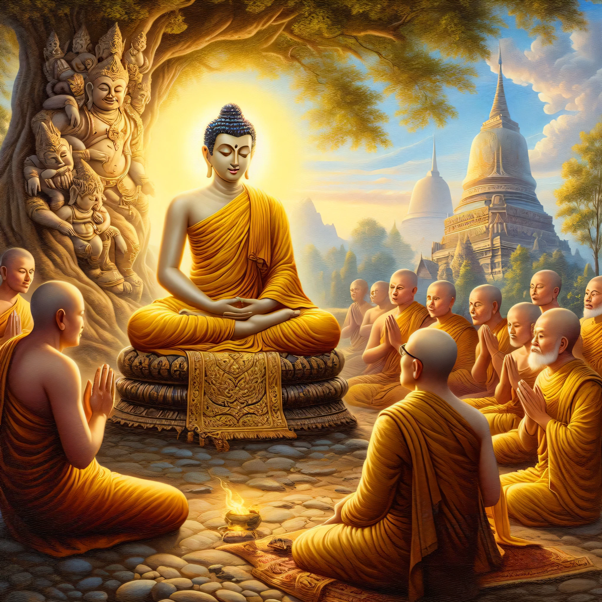 بوذا يجلس في التأمل تحت شجرة والشمس مشرقة - SeaArt AI