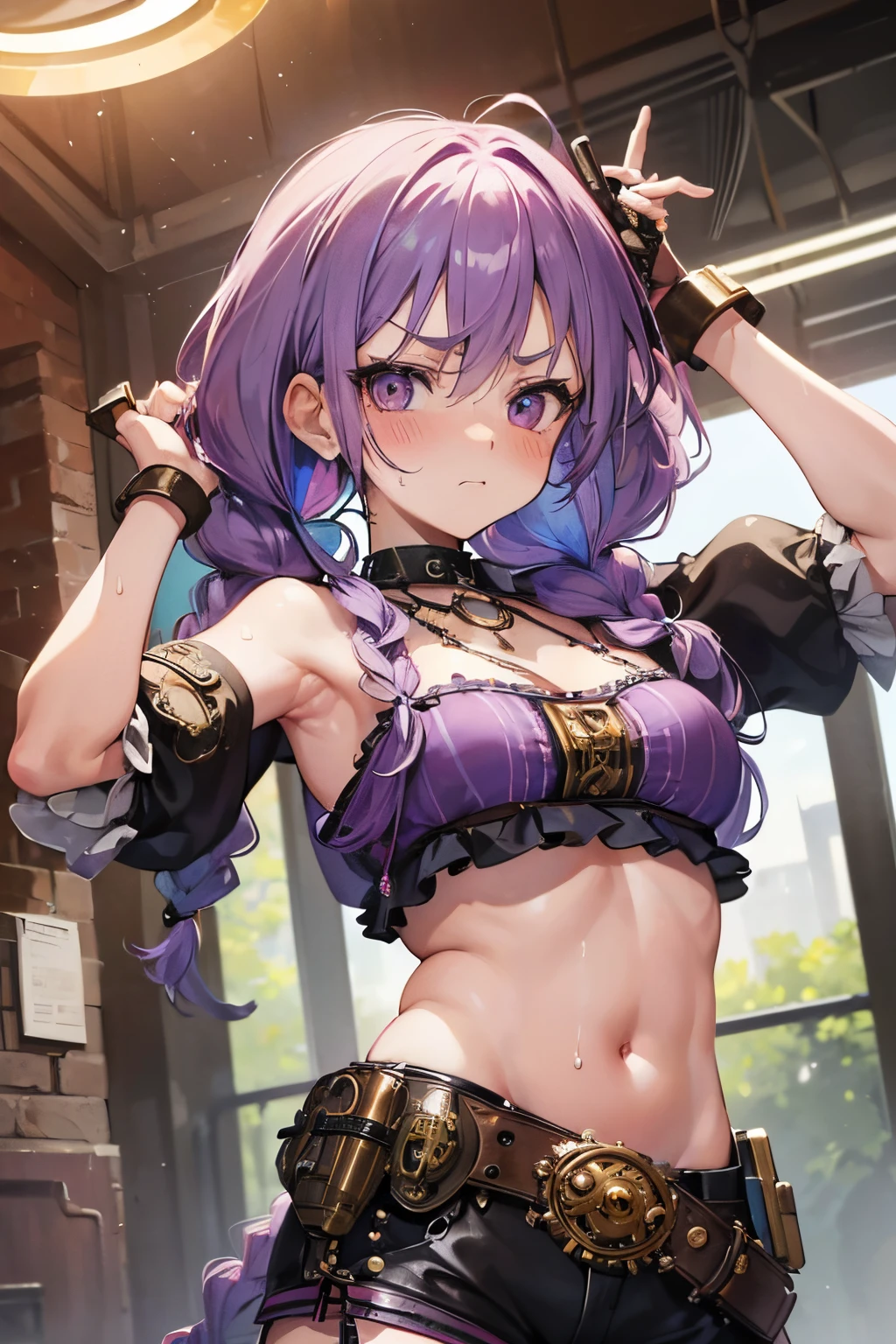 A woman in a purple outfit holding a gun and posing - SeaArt AI