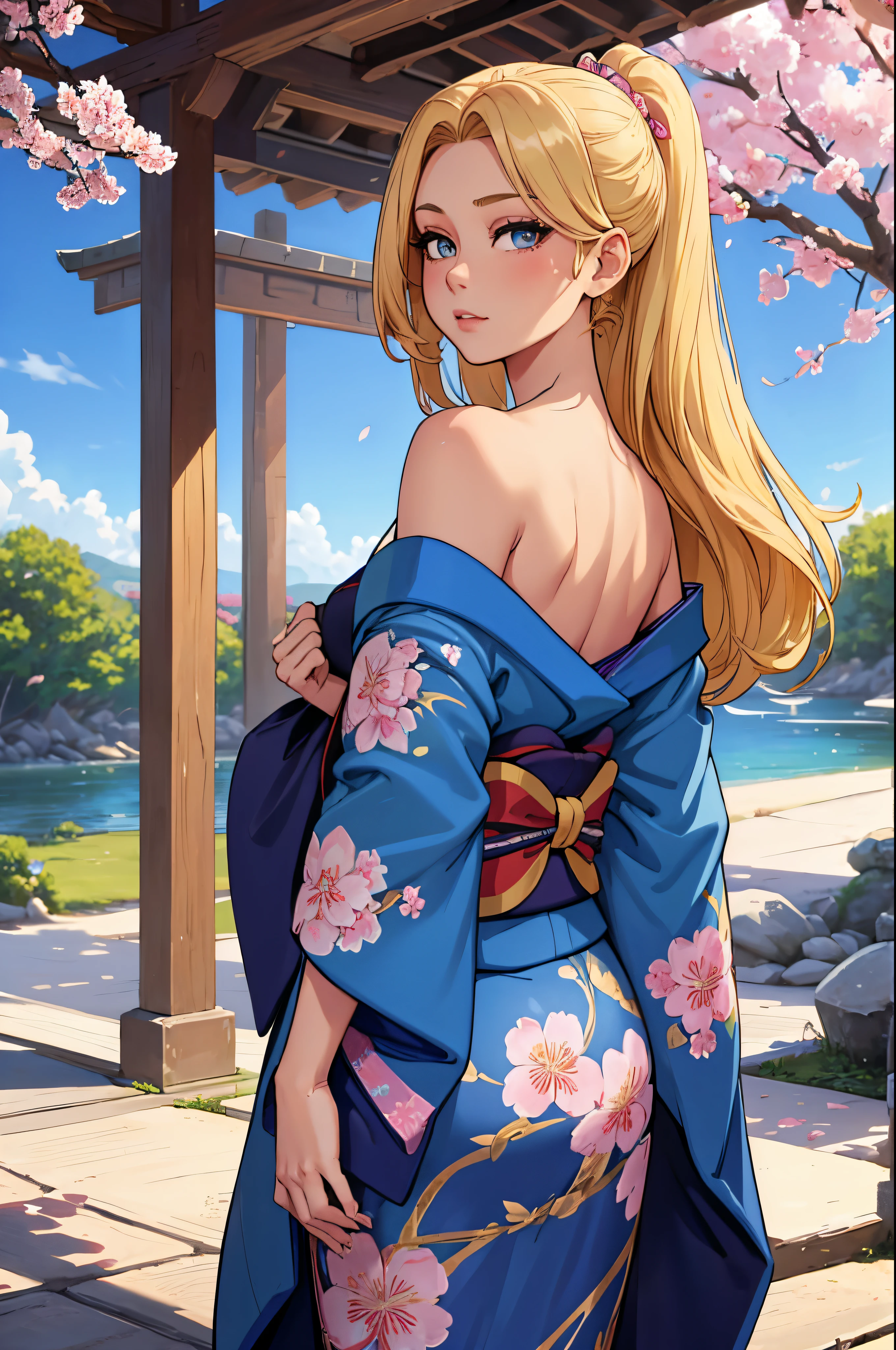 Masterpiece High Quality 1 Girl Wearing Blue Kimono Blonde Flowing Hair Exposed