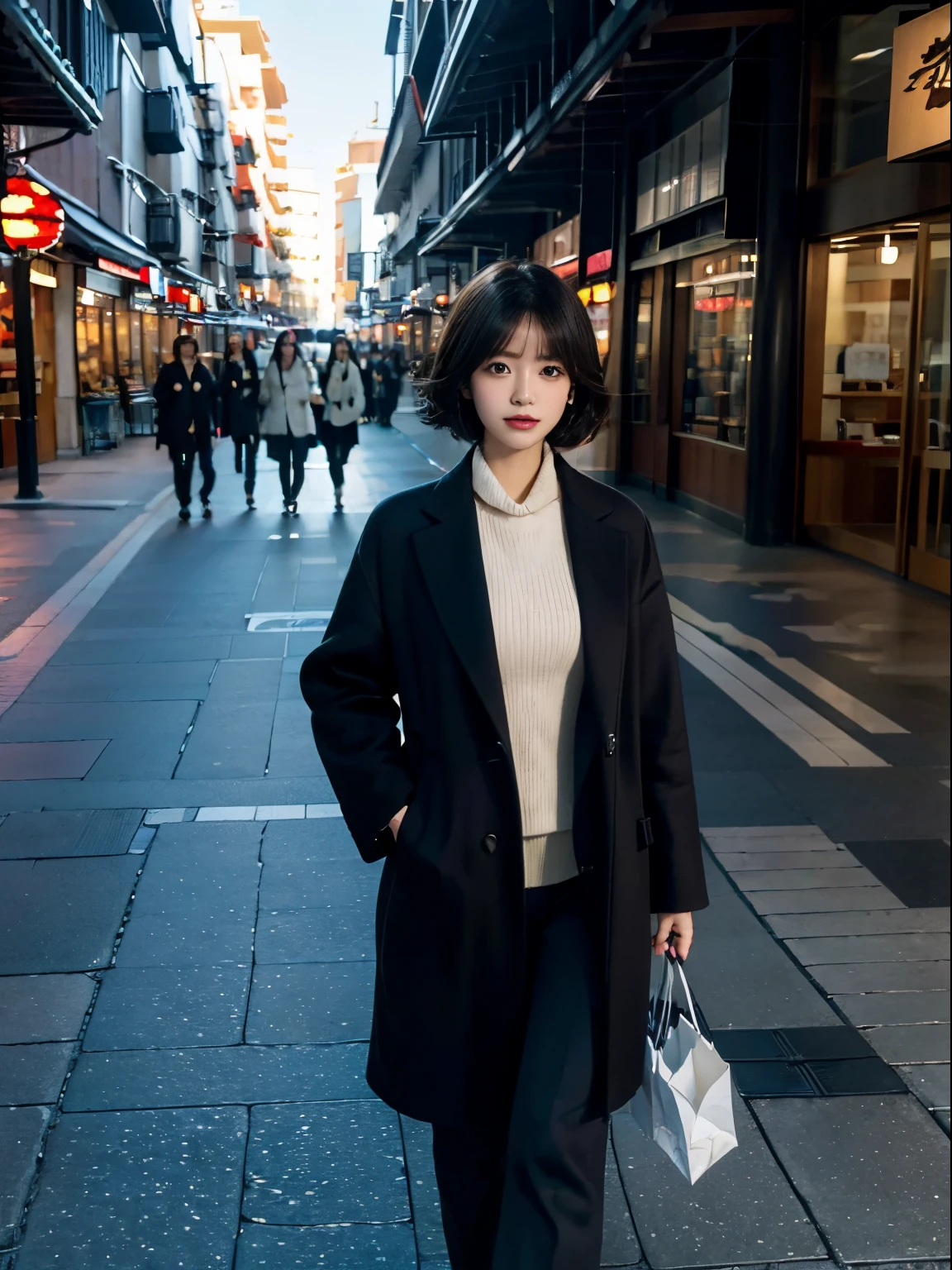 黒いコートと白いタートルネックを着て街の通りを歩く女性 Seaart Ai
