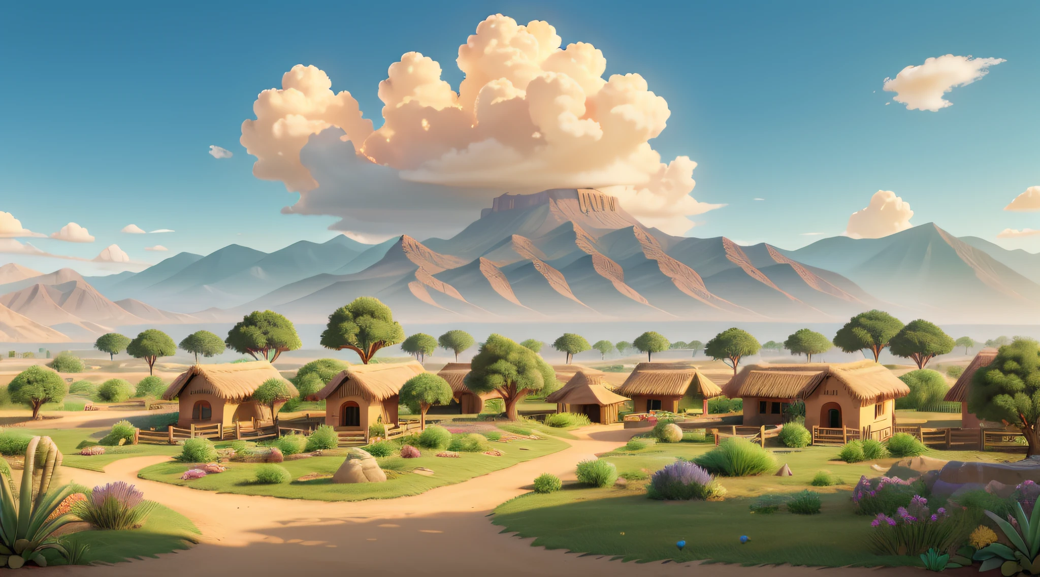 A cartoon picture of a small village with a mountain in the background ...