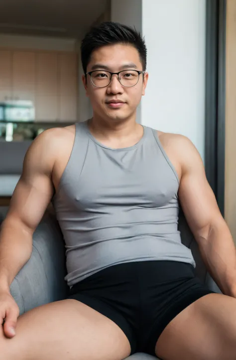 Andrew thomas huang, oval face, eyeglasses, neat muscular, sleeveless shirt - SeaArt AI