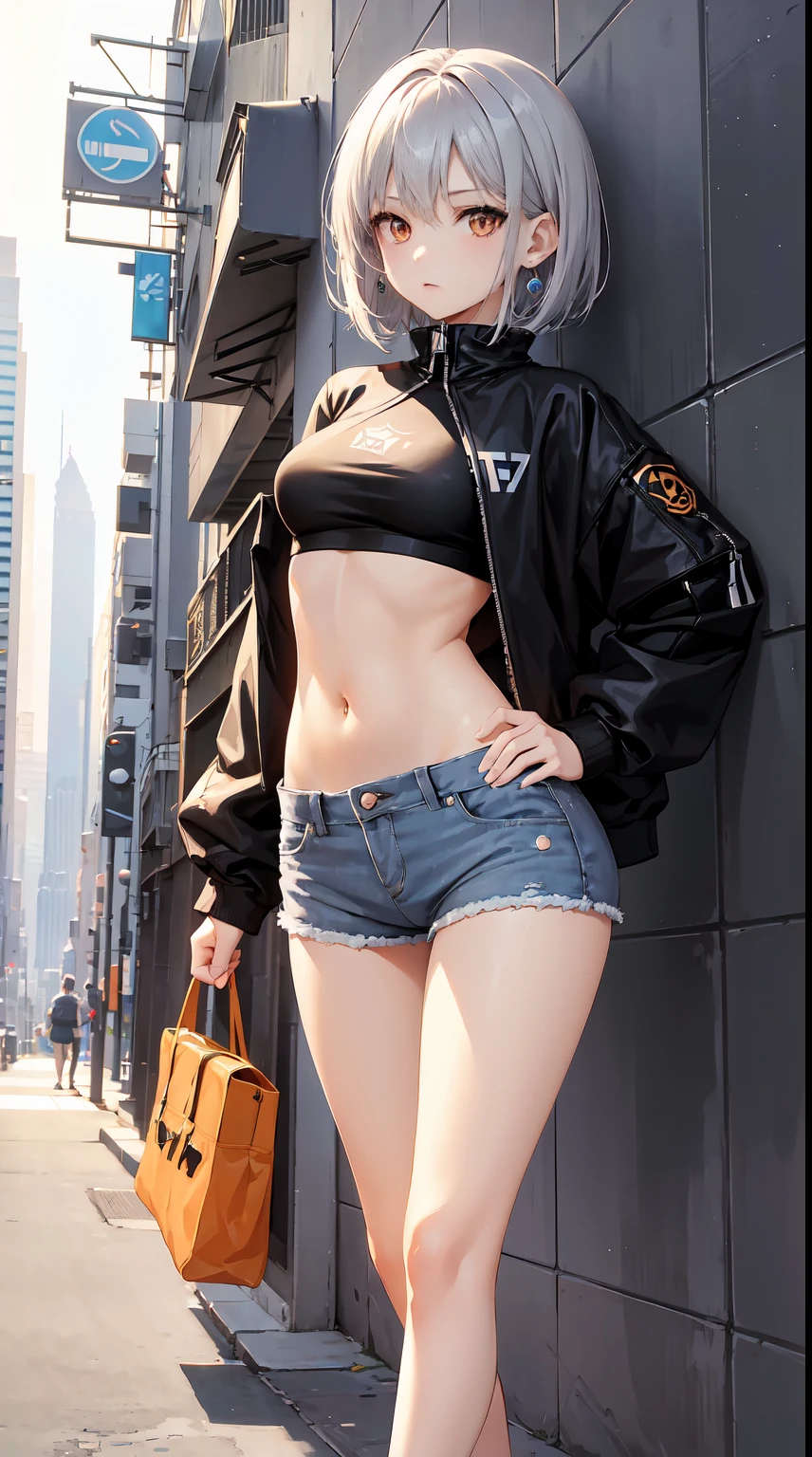 Arafed woman in a black jacket and denim shorts posing for a picture - SeaArt AI