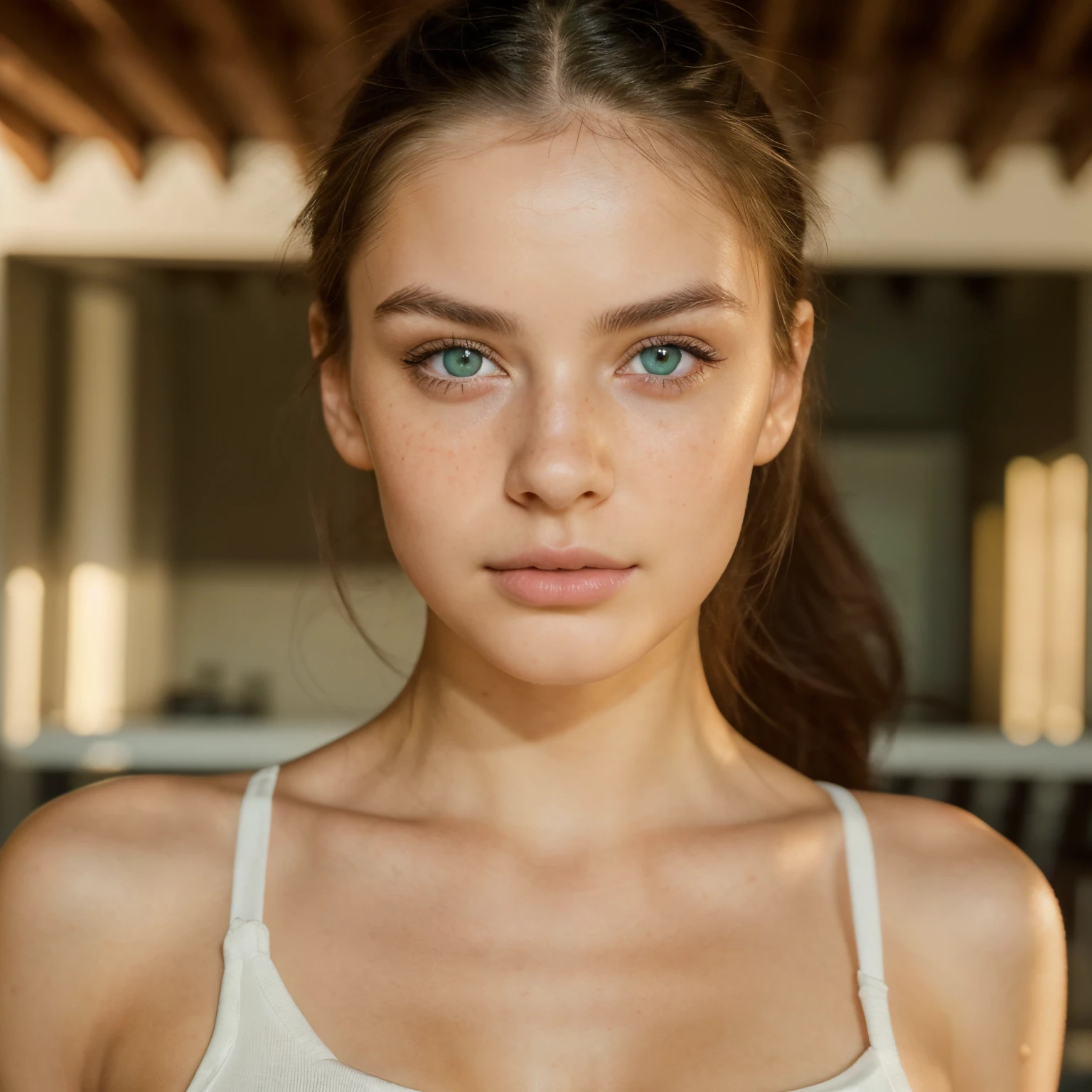 A woman with a white top and blue eyes posing for a picture - SeaArt AI