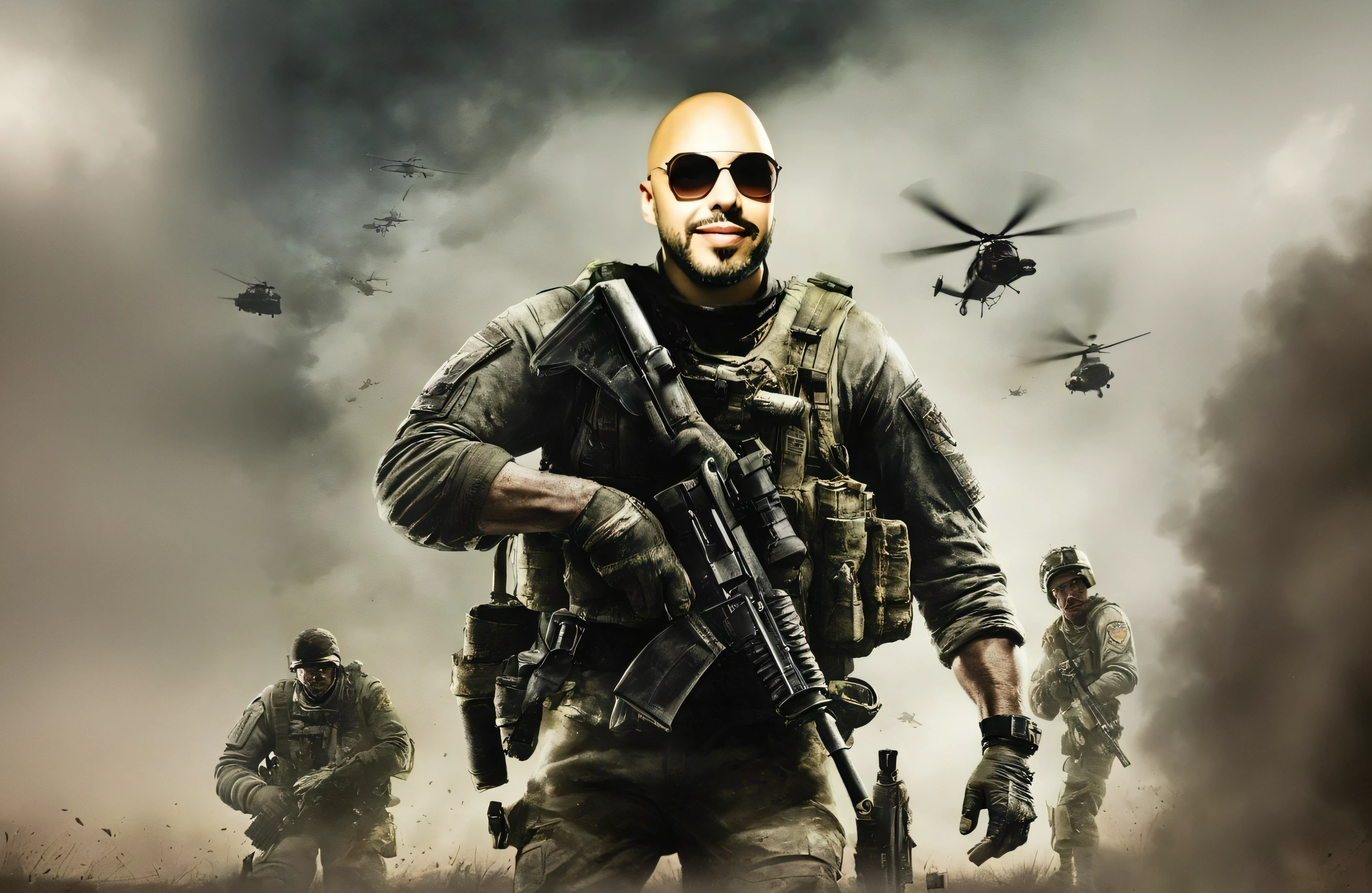 A man in a military uniform holding a rifle and a helicopter - SeaArt AI