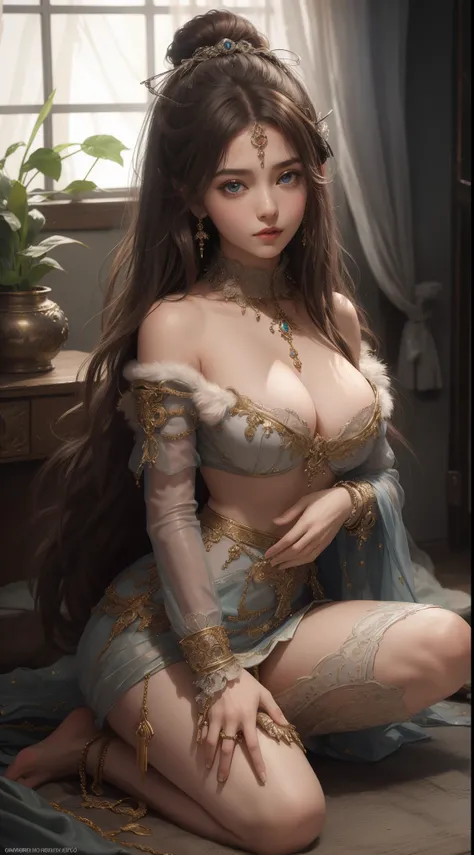 Woman in a golden transparent dress,view the viewer,(((Huge breasts, Large cleavage))),Slim ...