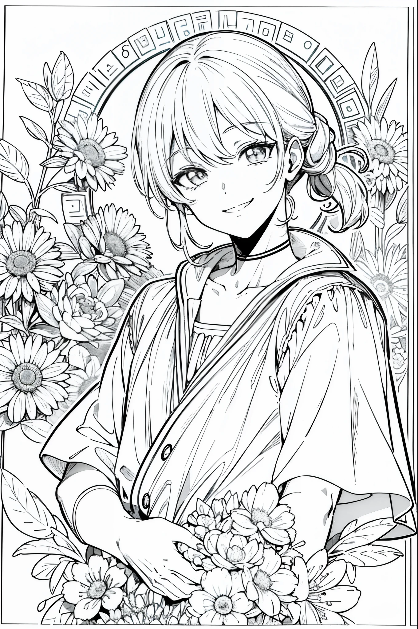 Un dibujo de una mujer con flores en sus manos. - SeaArt AI