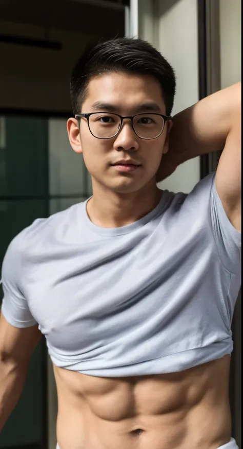 Andrew thomas huang, oval face, eyeglasses, neat muscular, yellow shirt - SeaArt AI