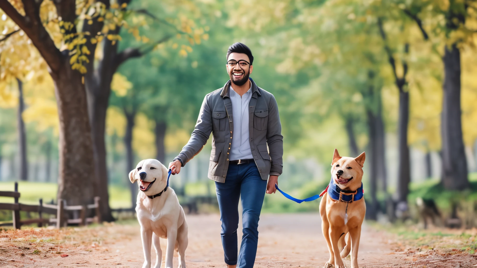 Araffe man walking two dogs in a park with trees - SeaArt AI