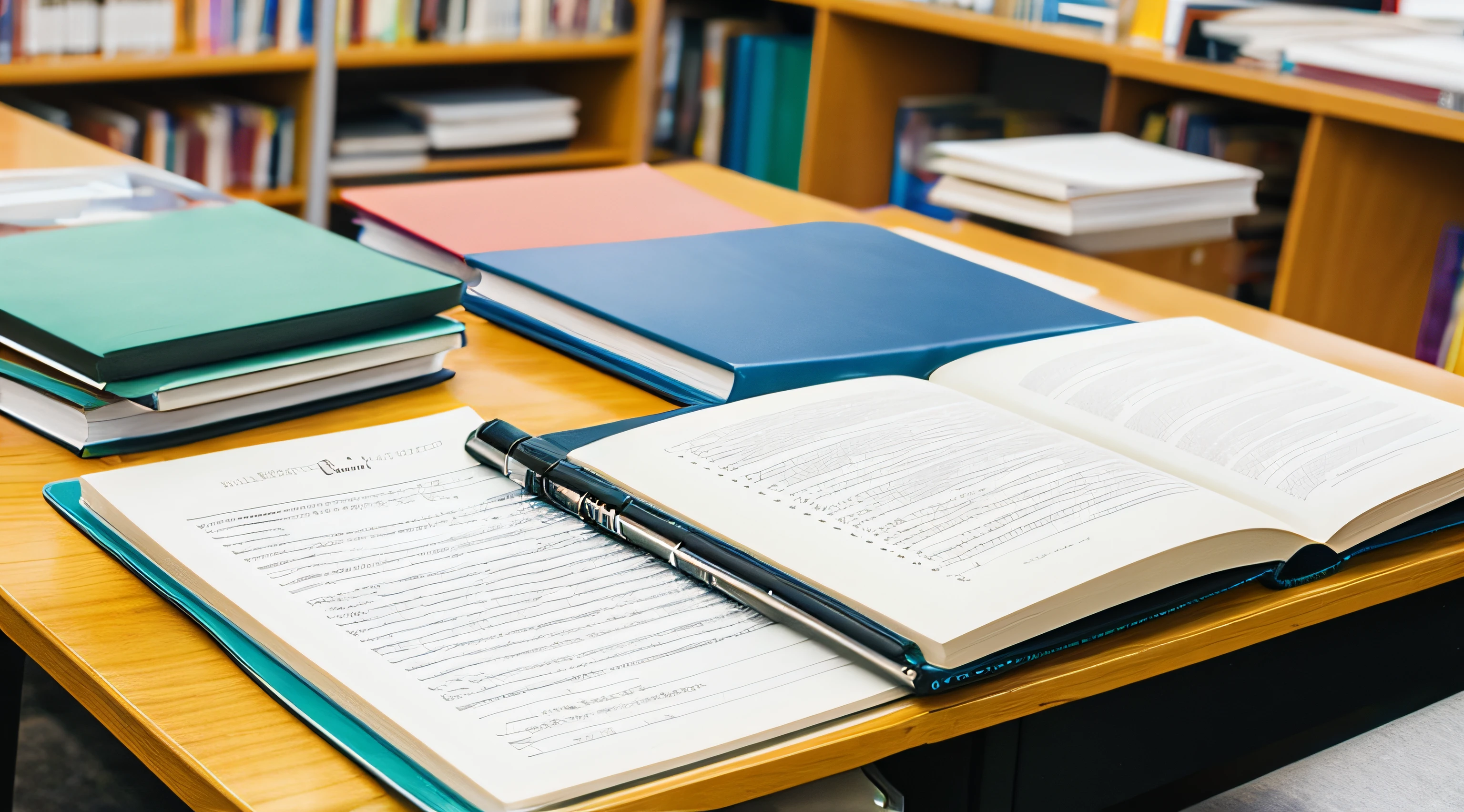 Books on a table in a library with a bookcase in the background - SeaArt AI