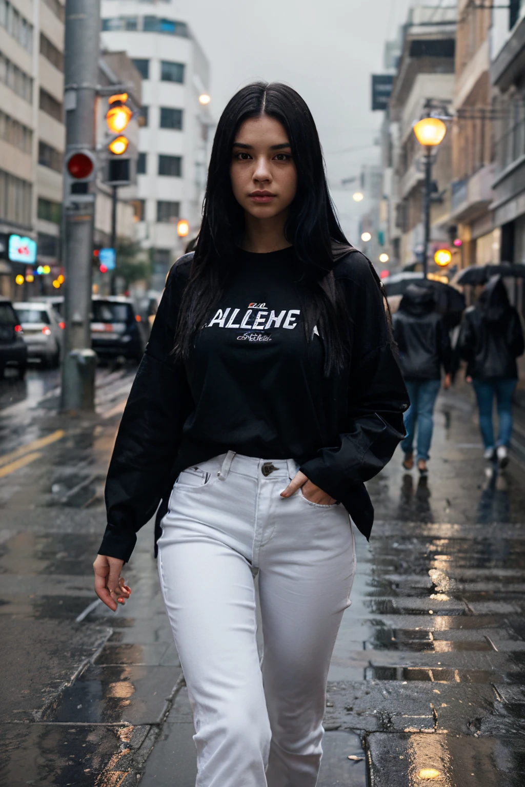 Araffe wearing a black sweatshirt and white jeans walking down a street - SeaArt AI