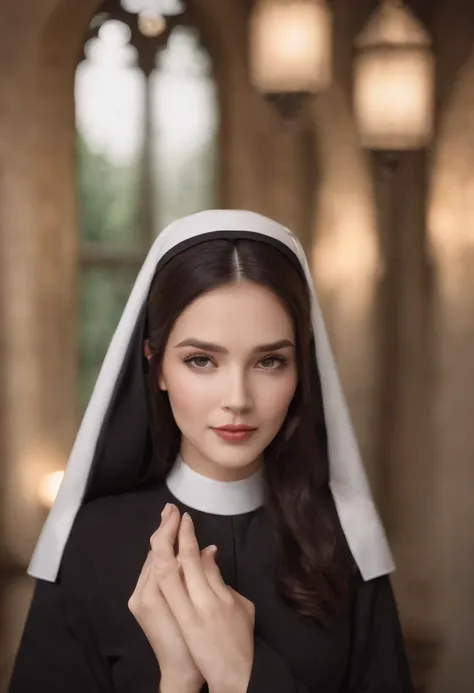 A fullbody nun,atomic heart,her face is human but body is machine,beautiful girl,Holding a MP5 ...