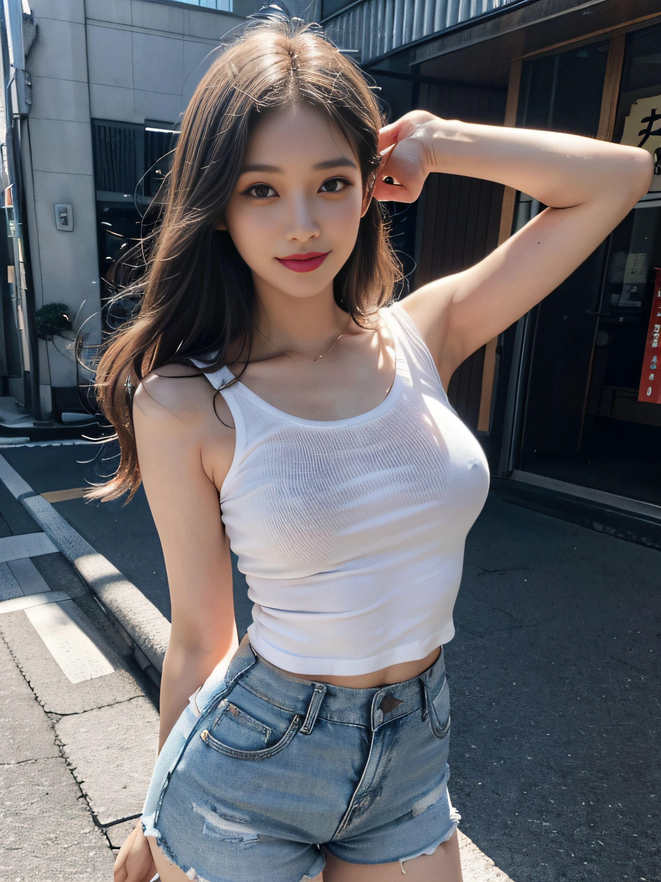 A woman in a white tank top and denim shorts posing for a picture - SeaArt AI