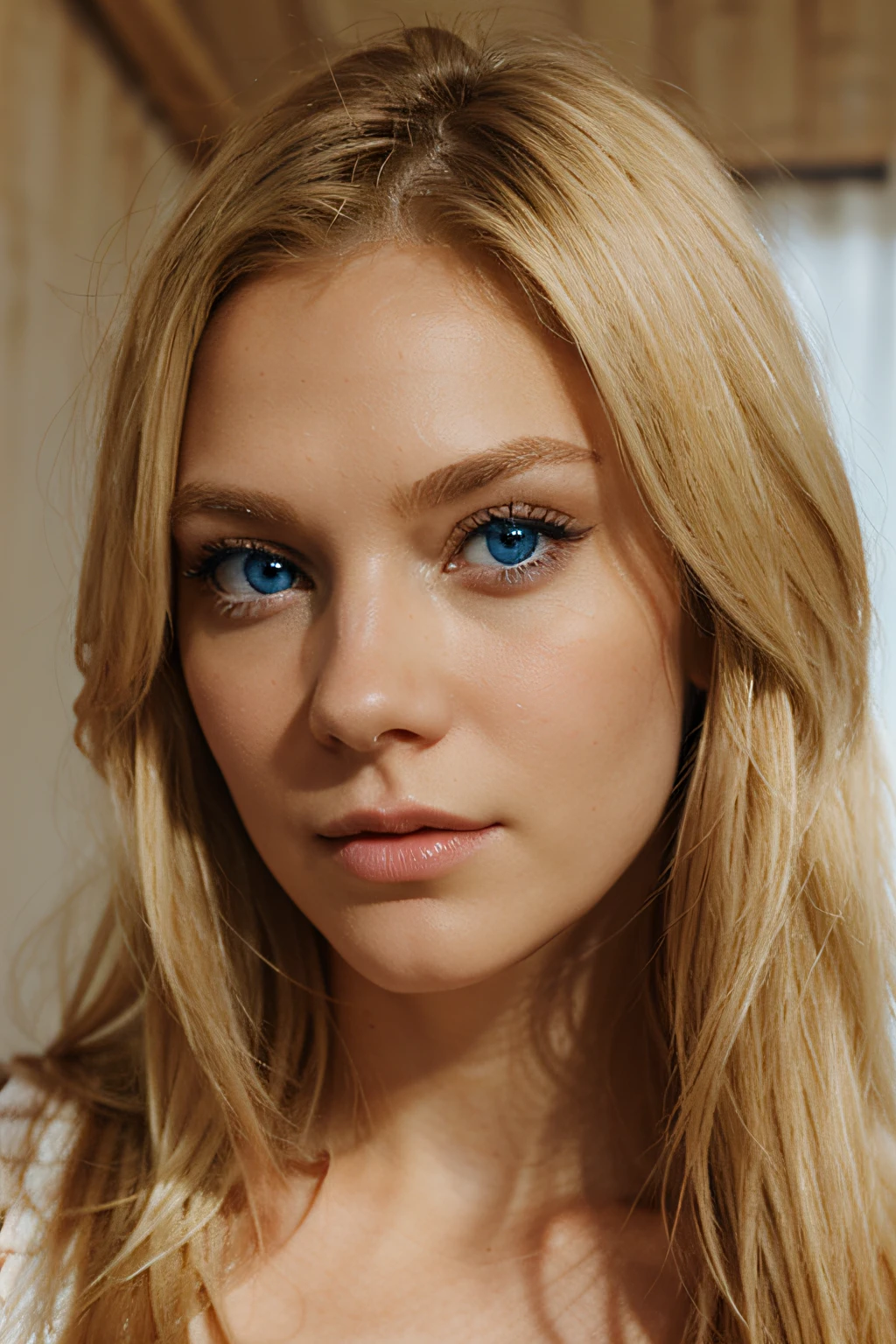 A close up of a woman with long blonde hair and blue eyes - SeaArt AI