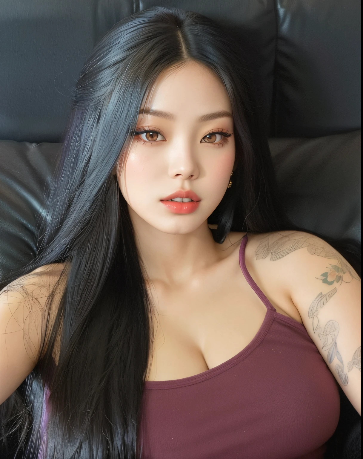 A close up of a woman with long black hair wearing a purple top - SeaArt AI