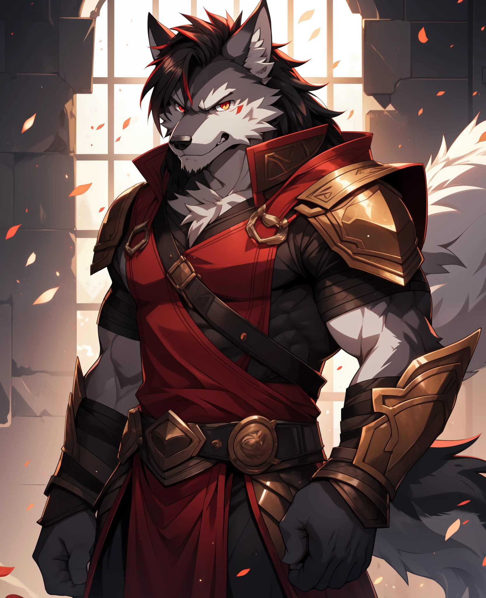 A drawing of a wolf with armor and a red cape - SeaArt AI