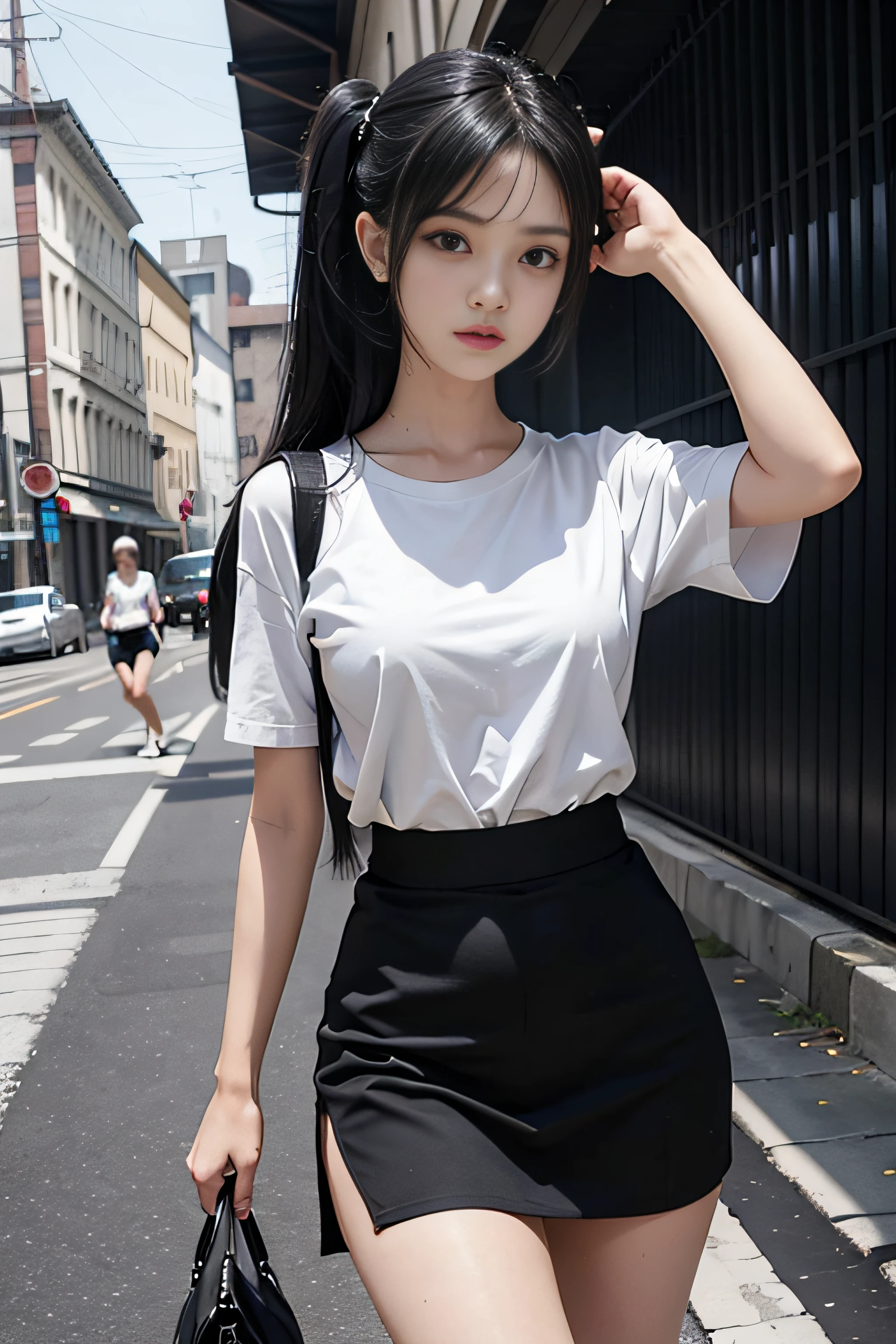 Araffe asian woman in a short skirt and white shirt walking down a street - SeaArt AI