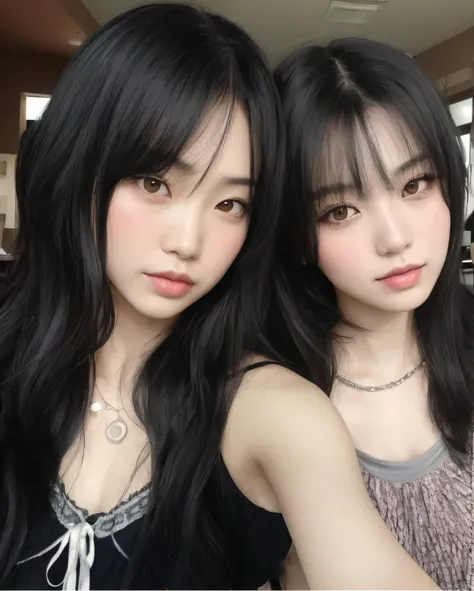 Two Asian women take selfies with their phones, ulzzangs, sakimichan, personal profile picture ...