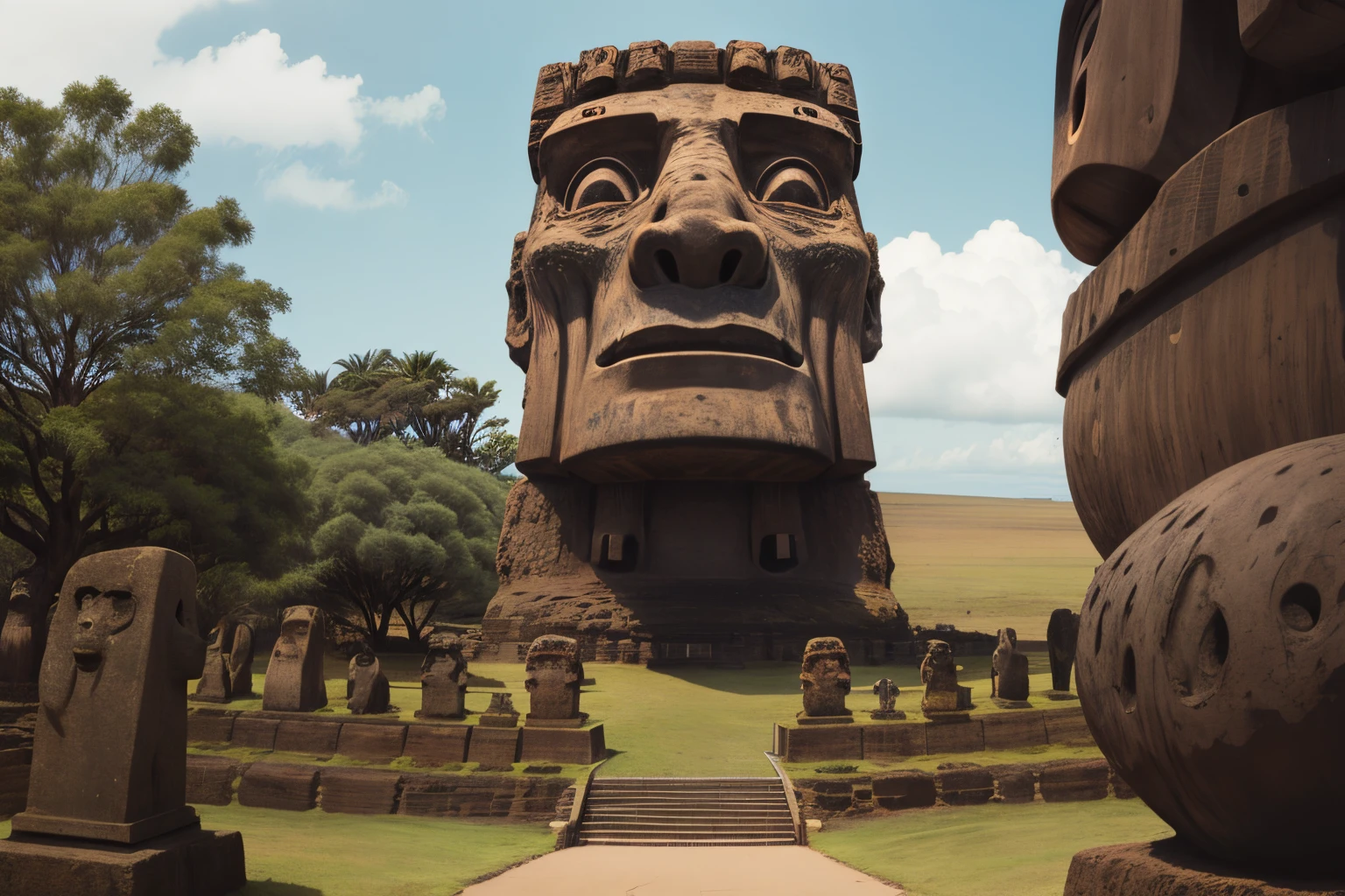 A close up of a statue in a grassy area with a sky background - SeaArt AI