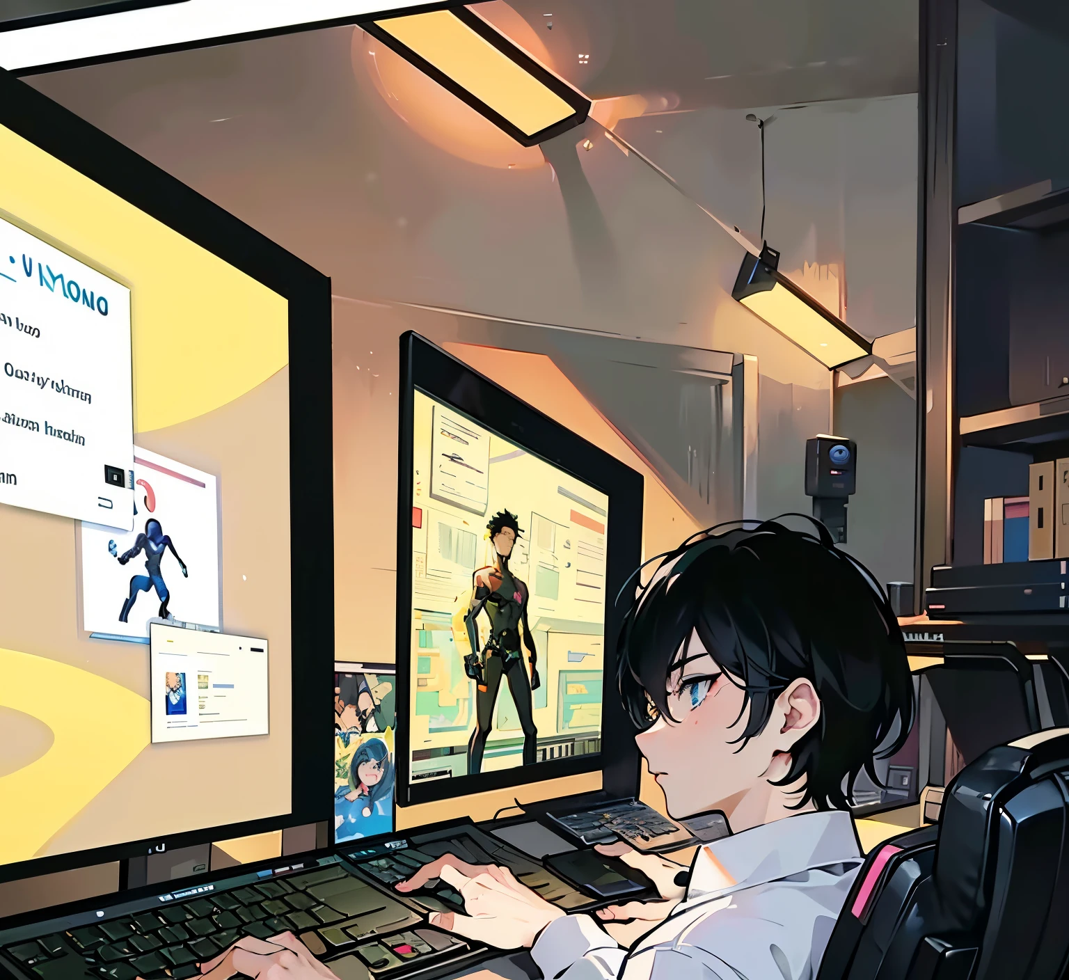 cartoon of a man sitting at a computer with a keyboard, digital comic ...