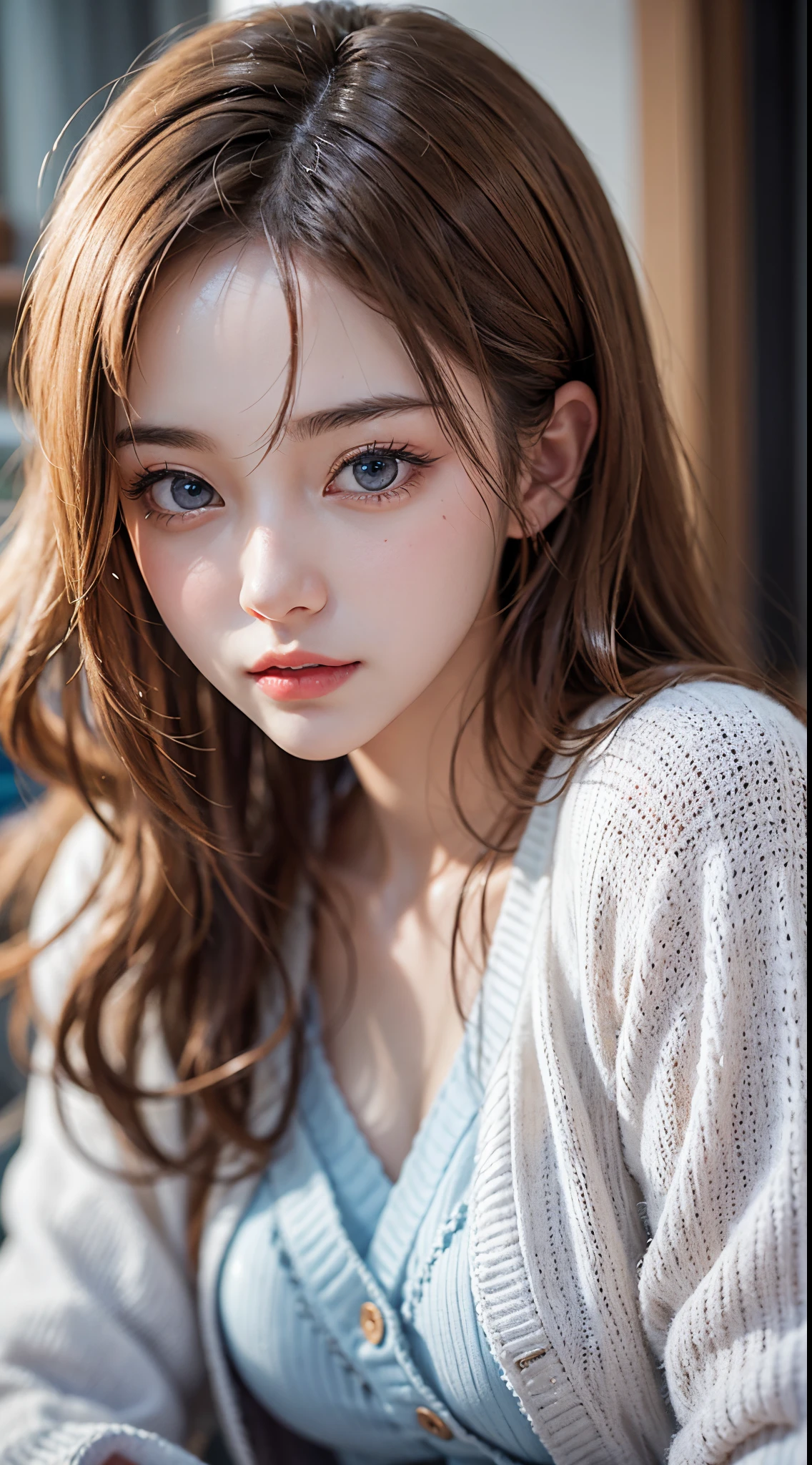 長い髪とセーターを着た女性のクローズアップ Seaart Ai