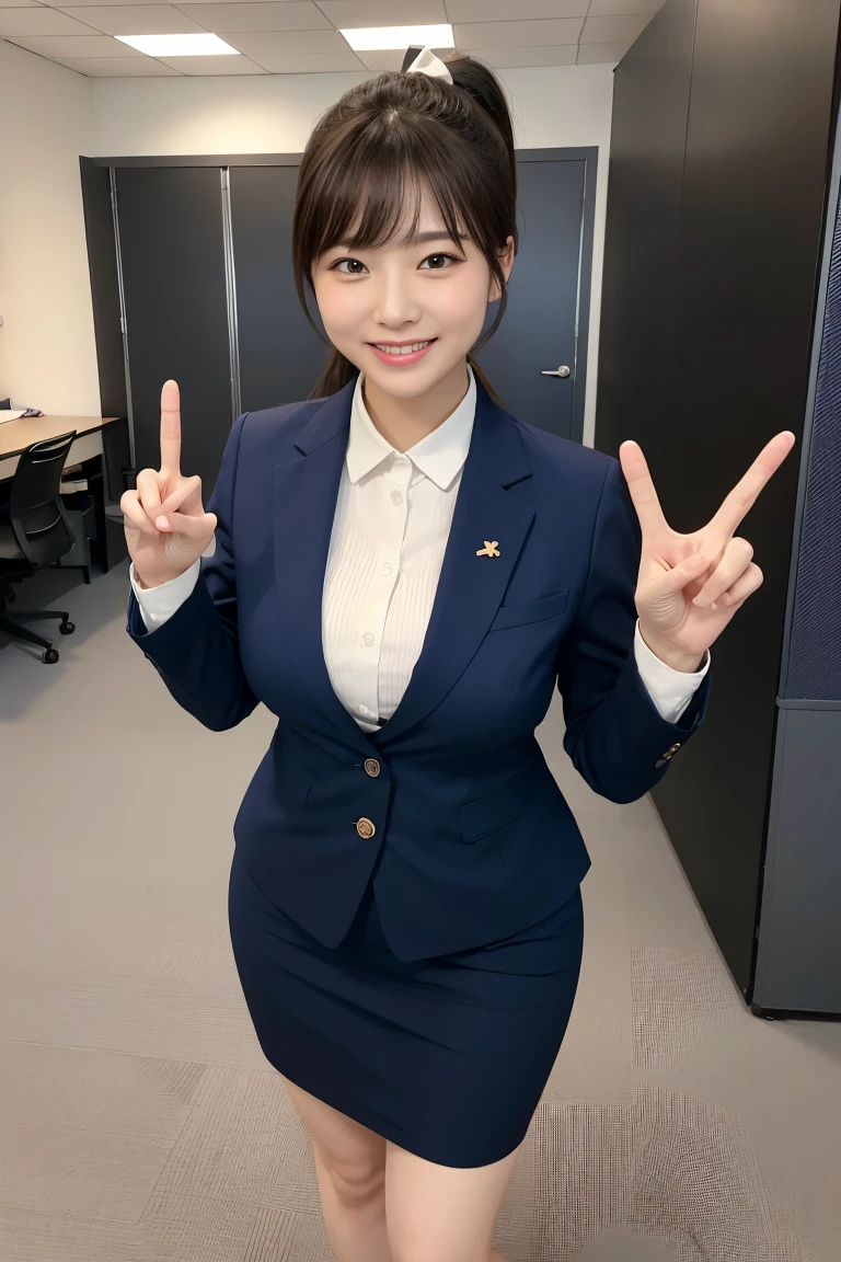 青いスーツと白いシャツを着た女性が写真を撮るためにポーズをとっている Seaart Ai