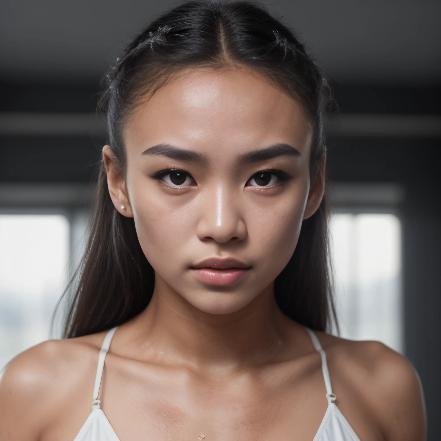 (Fotografía glamorosa de una mujer asiática mestiza de Melanesia de 18 años), (lencería blanca ...