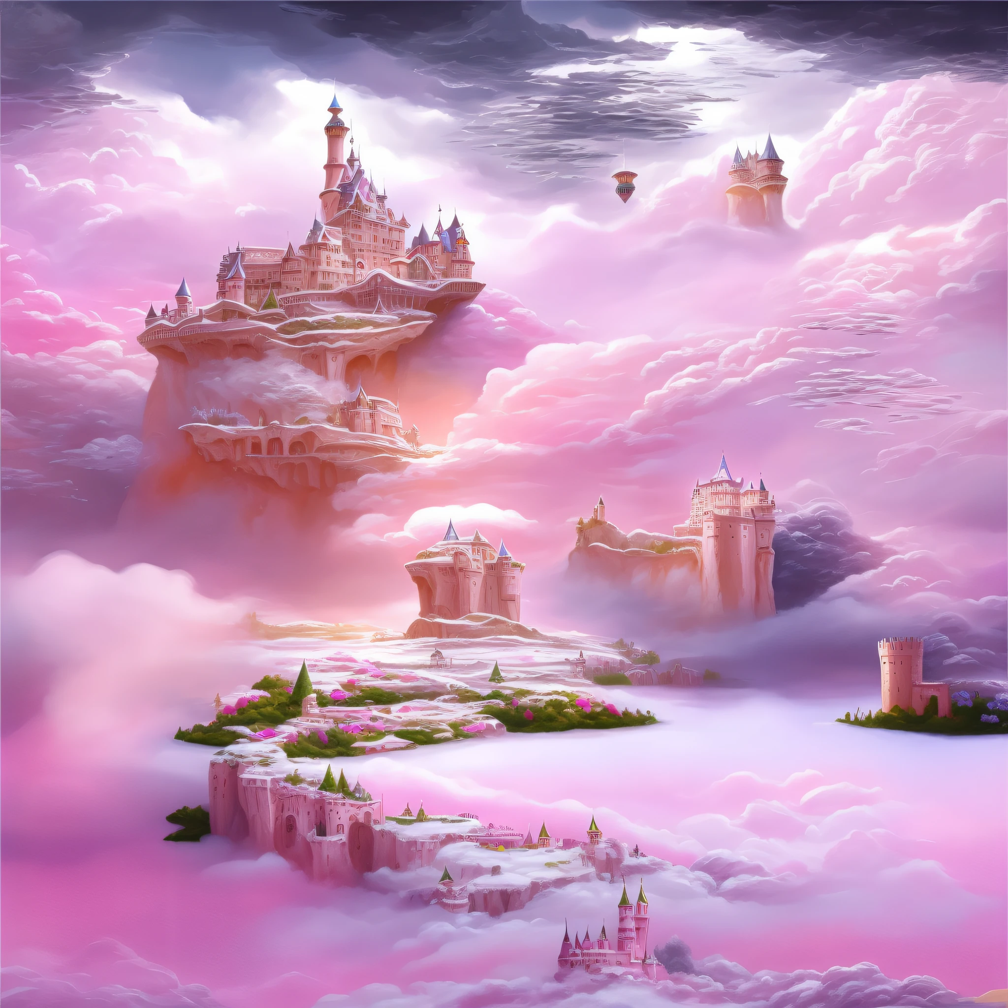 una pintura de un castillo en las nubes con un cielo rosa, En el país de las hadas de las nubes ...