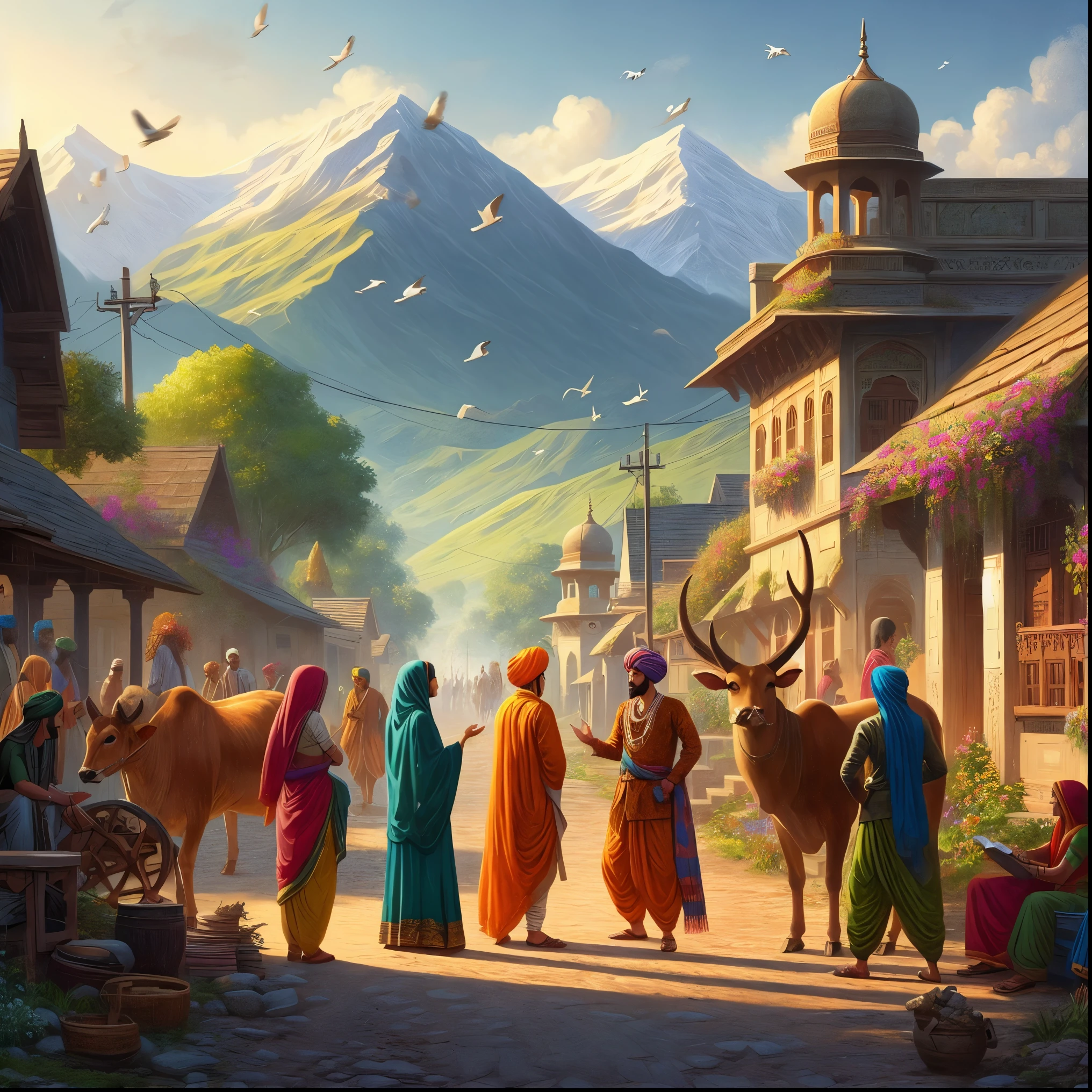 painting of a village scene with a cow and people, a beautiful artwork ...