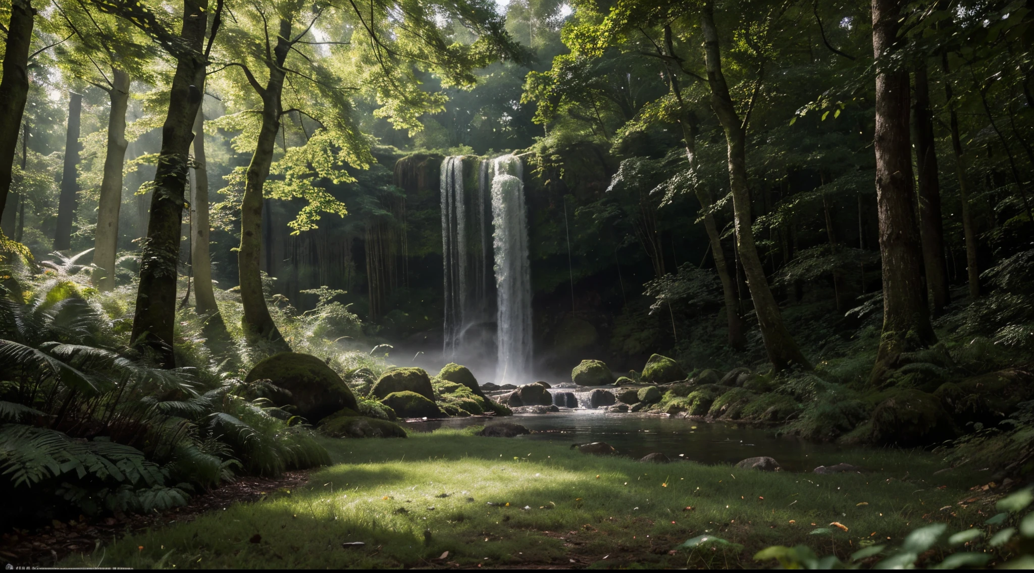 A close up of a waterfall in a forest with trees - SeaArt AI