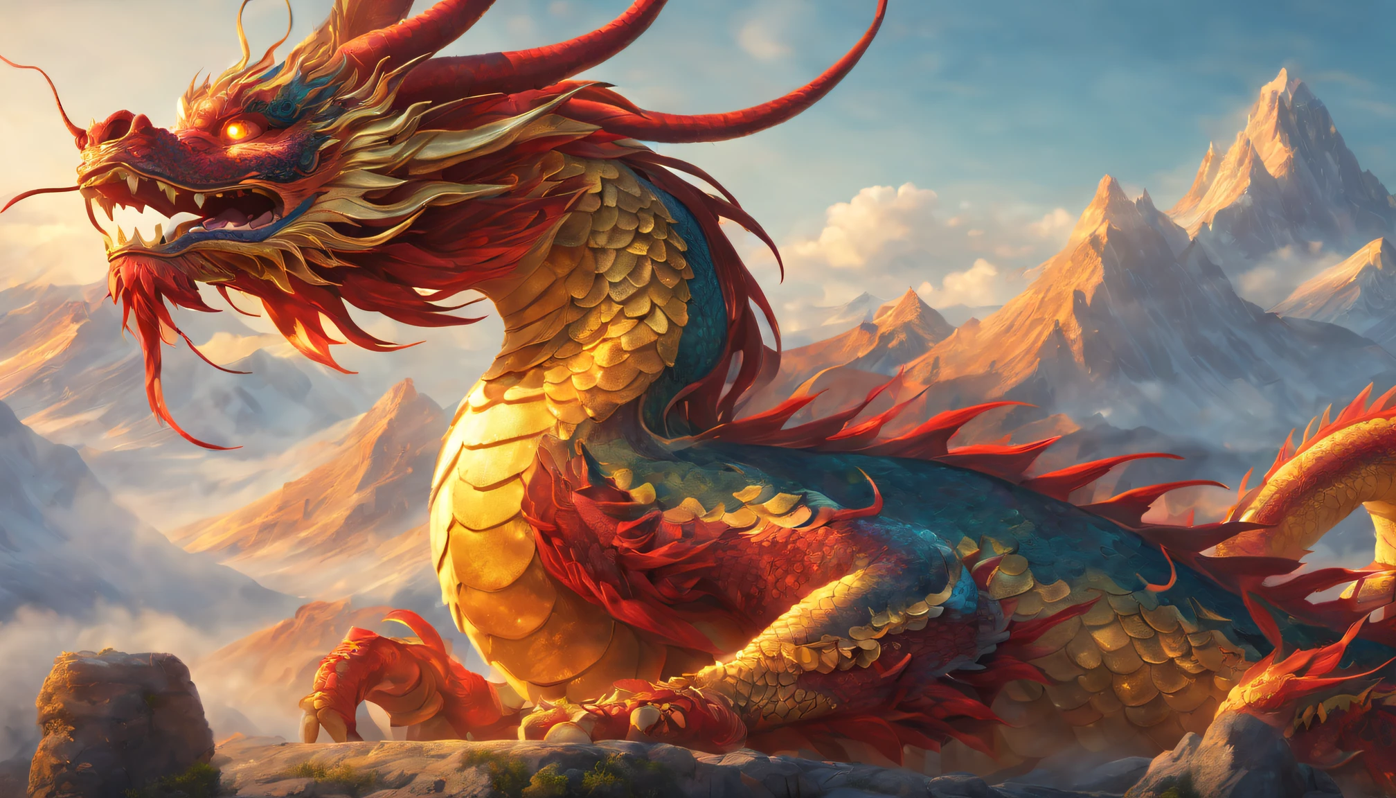 A close up of a dragon with a mountain in the background - SeaArt AI