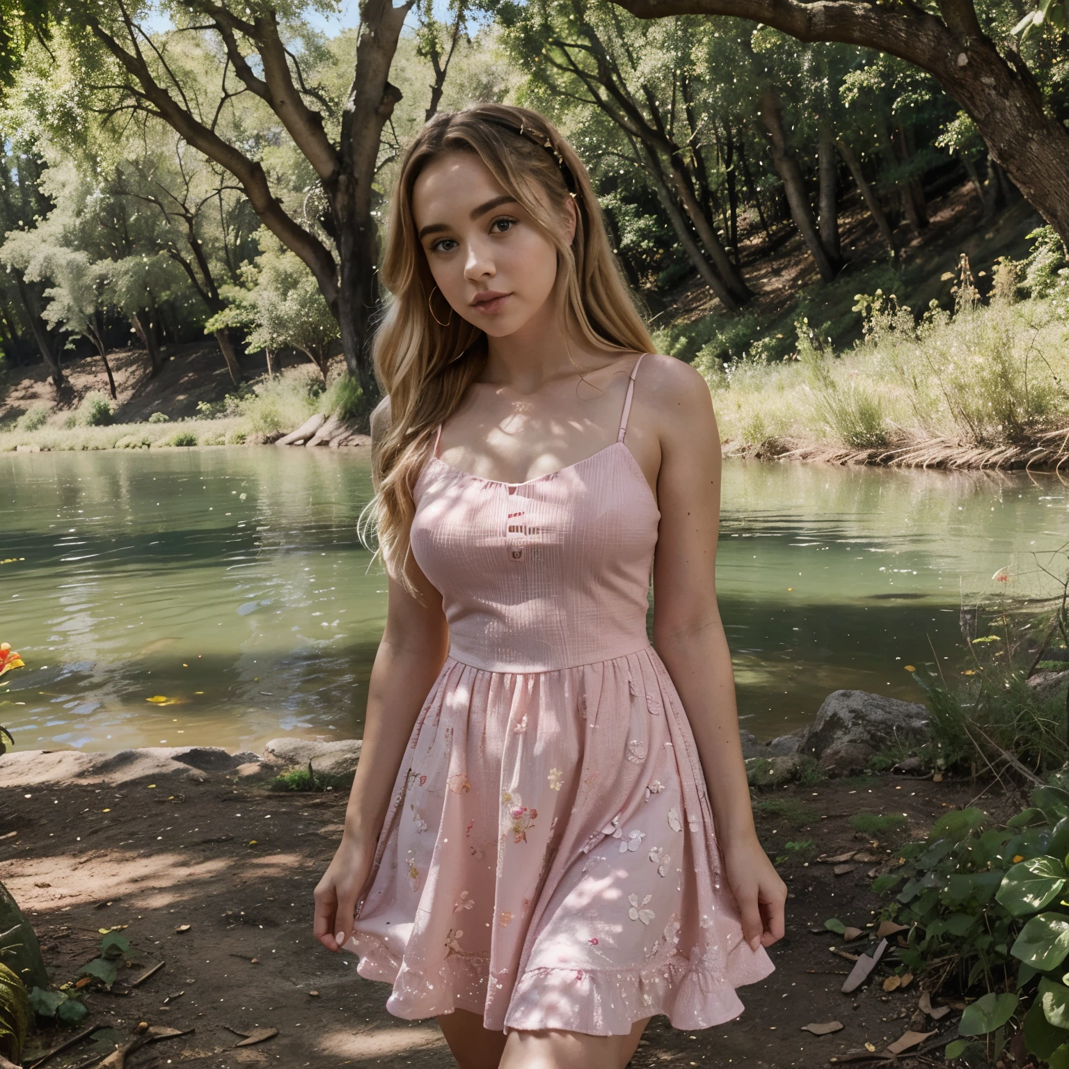 Arafed woman in a pink dress standing by a river - SeaArt AI