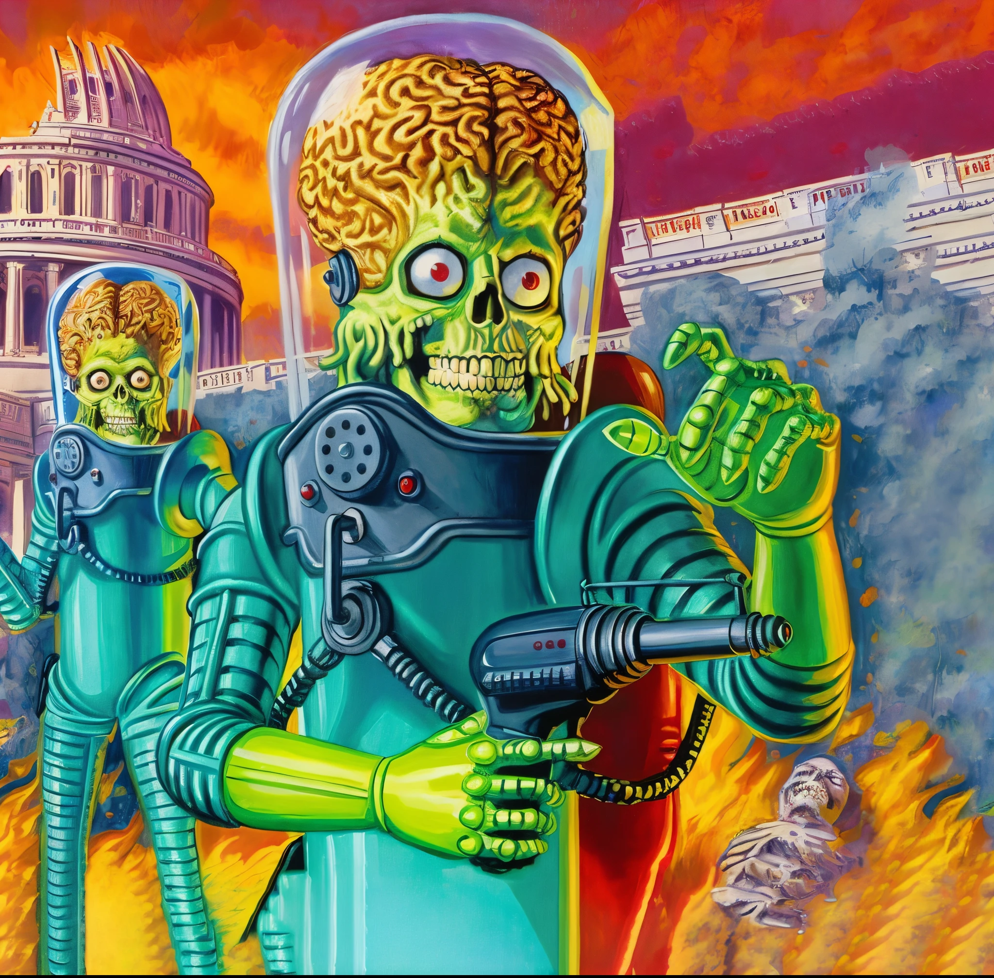 Painting of two alien men in space suits with a capitol building in the ...