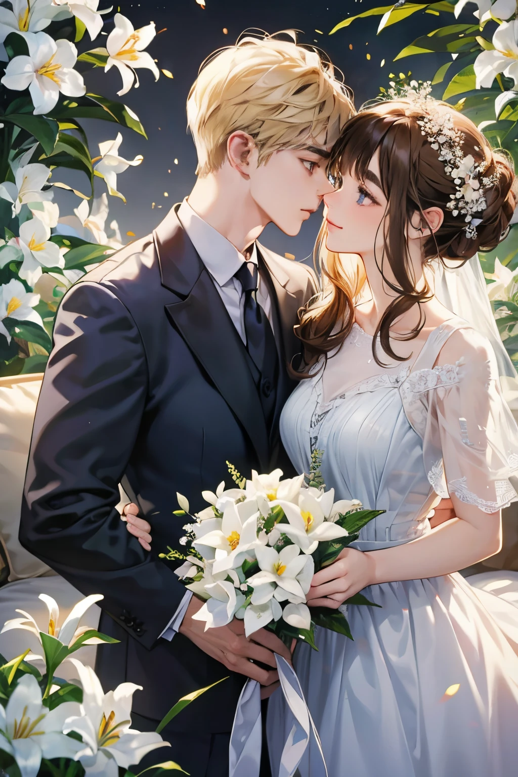 꽃 앞에 서 있는 웨딩 드레스를 입은 애니메이션 커플 Seaart Ai