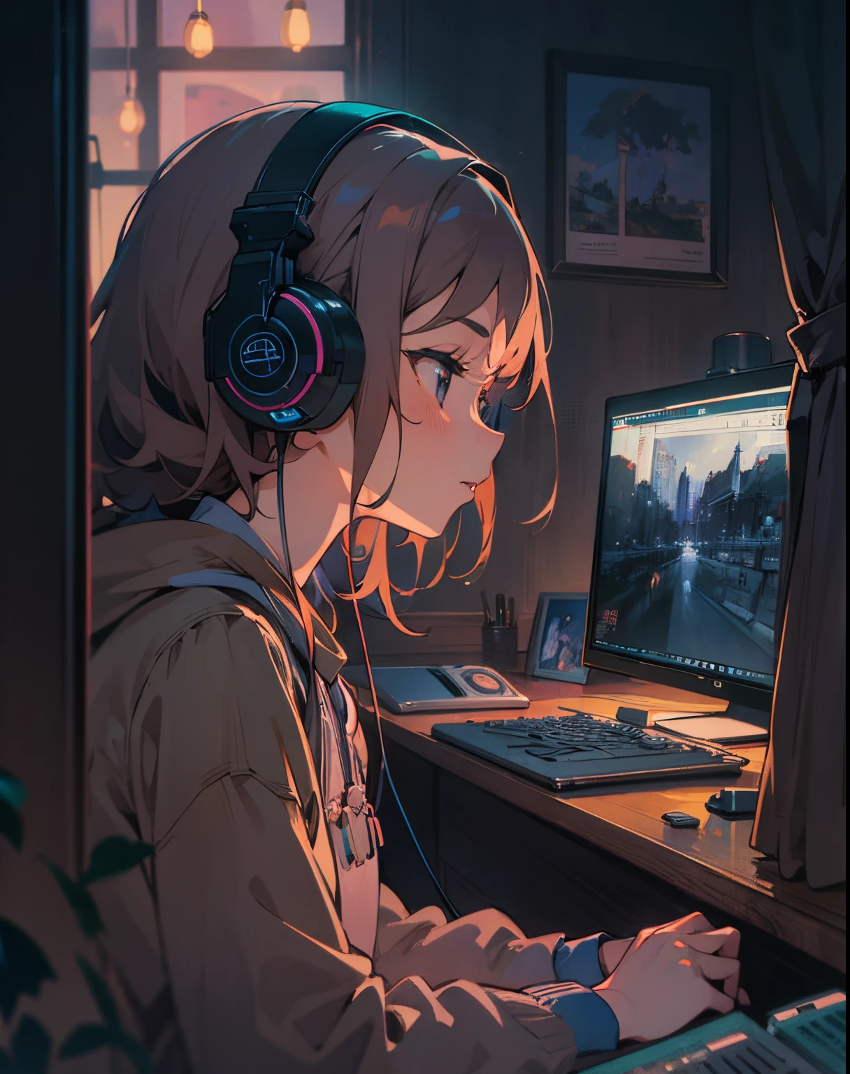 Girl listening to music in a cozy room at night, Using headphones, worm ...
