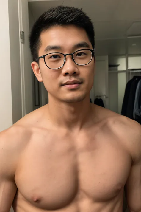 Andrew thomas huang, oval face, eyeglasses, neat muscular, yellow shirt - SeaArt AI