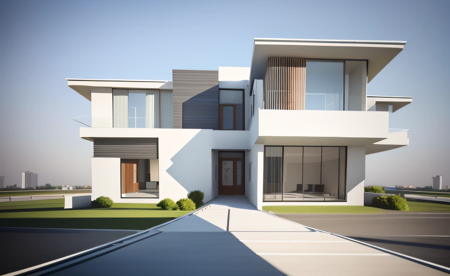 A rendering of a modern house with a driveway and a car parking lot - SeaArt AI