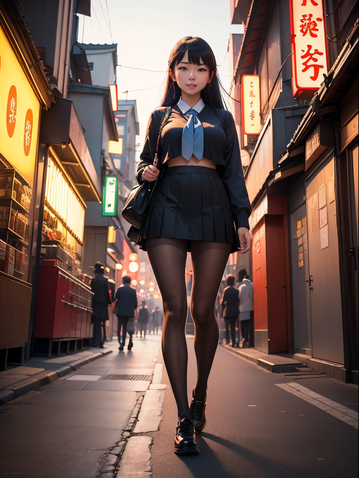 Arafed asian woman in a skirt and shirt walking down a street - SeaArt AI