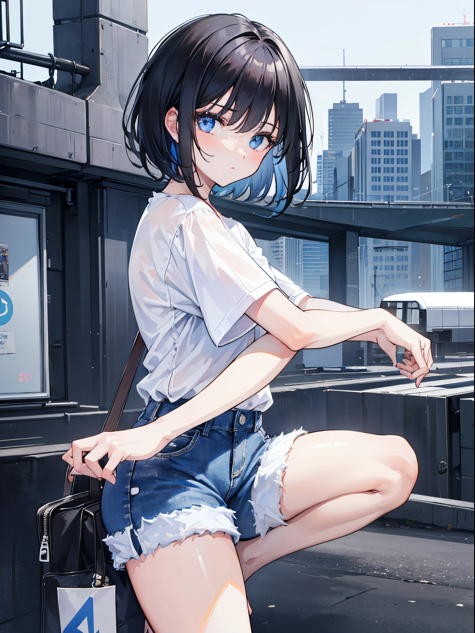 1girl, short black hair, blue eyes, wearing plain white shirt, denim shorts - SeaArt AI