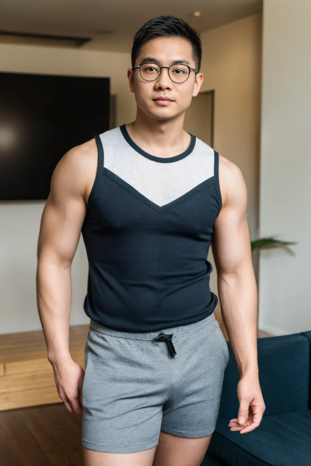 Andrew thomas huang, oval face, eyeglasses, neat muscular, sleeveless shirt - SeaArt AI