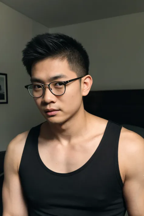 Andrew thomas huang, oval face, eyeglasses, neat muscular, yellow shirt - SeaArt AI