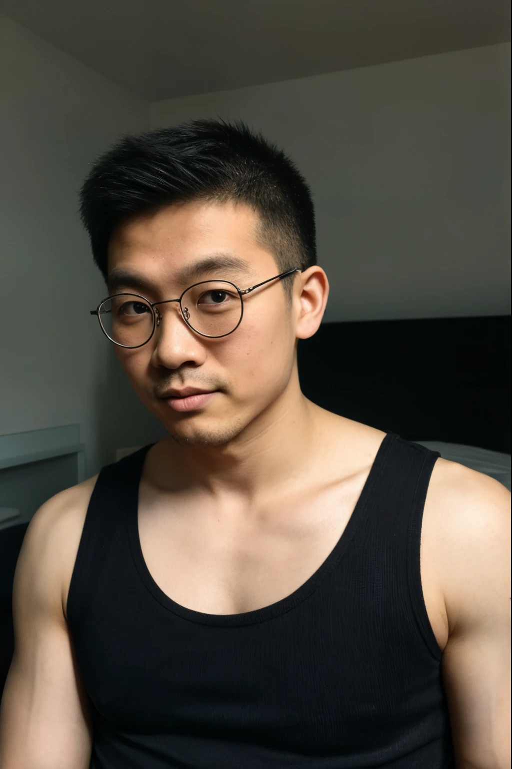 Arafed man wearing glasses and a black tank top - SeaArt AI