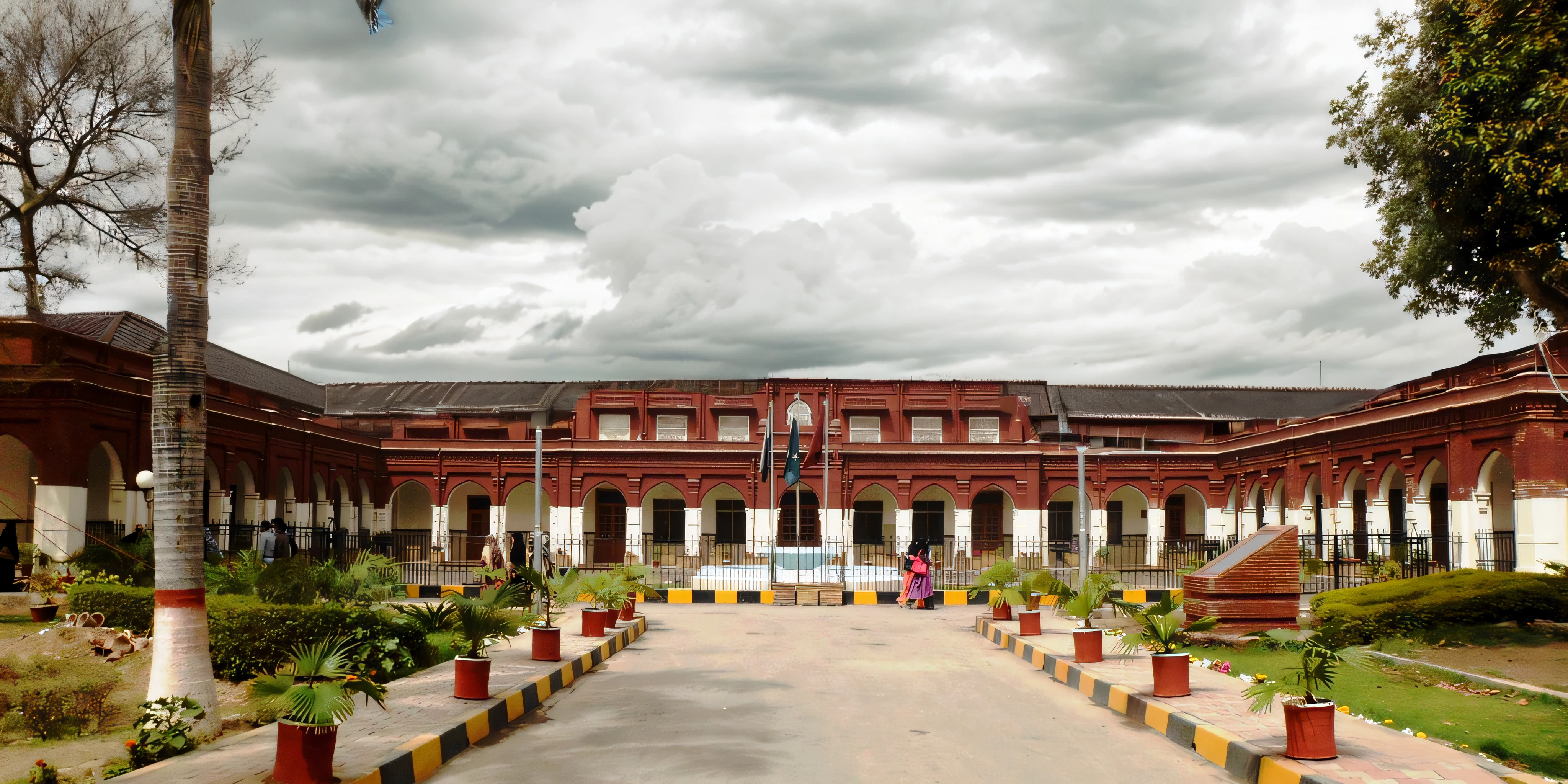 There is a large building with a courtyard and a clock tower - SeaArt AI