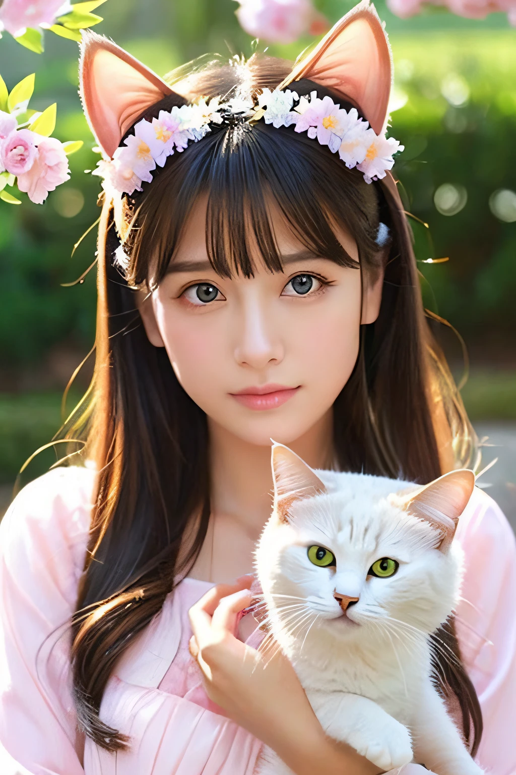 花冠をかぶった猫を抱いている女性のクローズアップ Seaart Ai