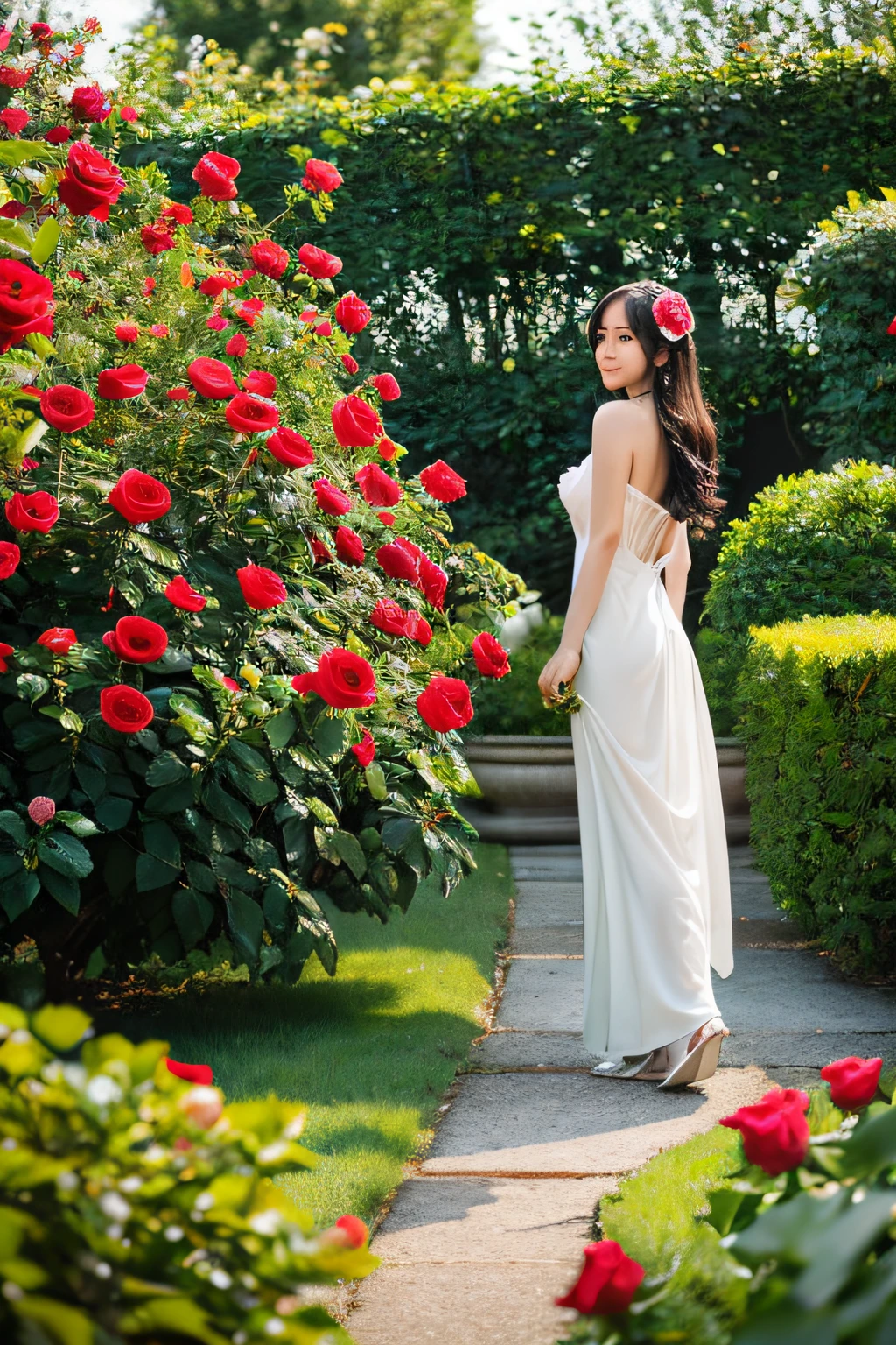 A woman in a white dress standing in a garden with red roses - SeaArt AI
