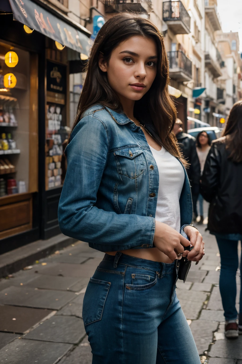 Araffe woman in jeans and a white shirt standing on a city street - SeaArt AI